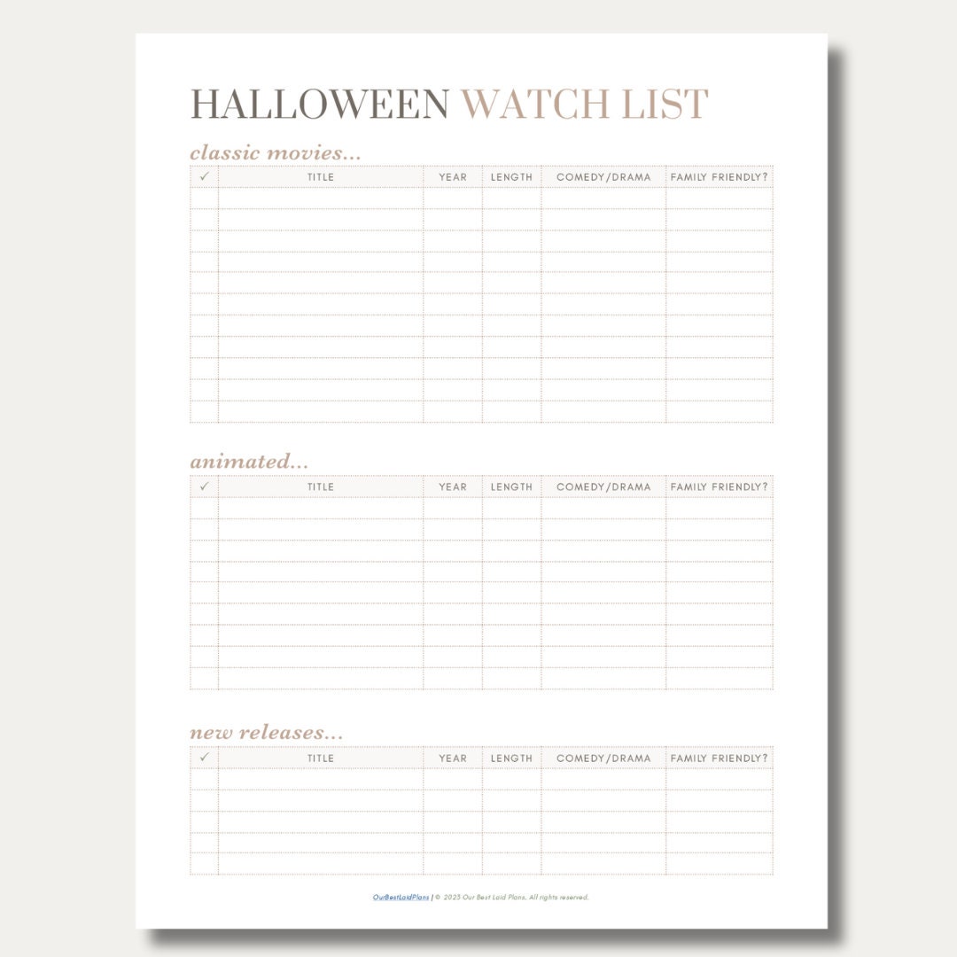 Halloween Movie Watch List Printable Planner PDF, Halloween Printable ...