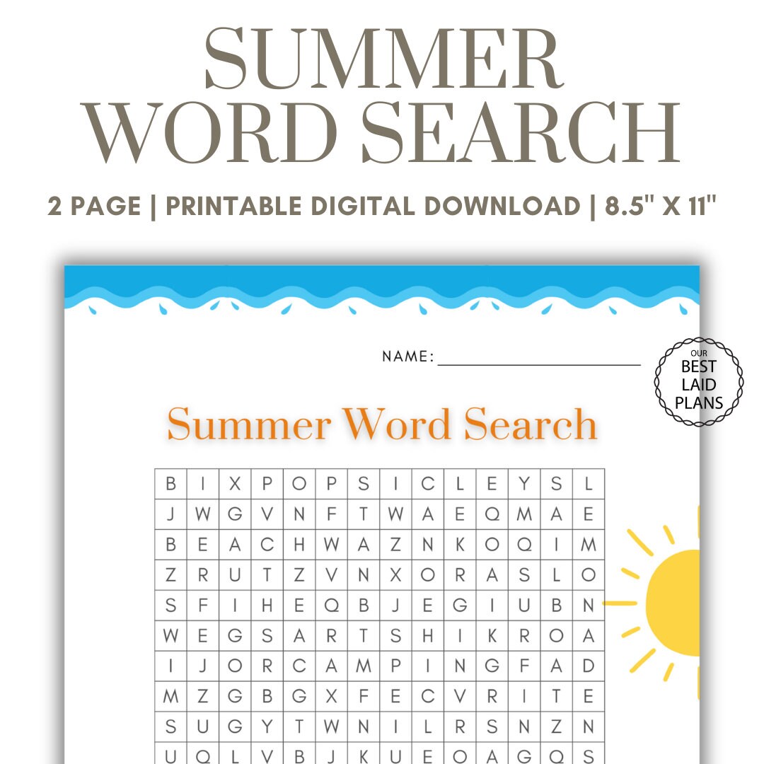 Summer Word Search Summer Theme Word Find Puzzle Printable PDF Summer ...