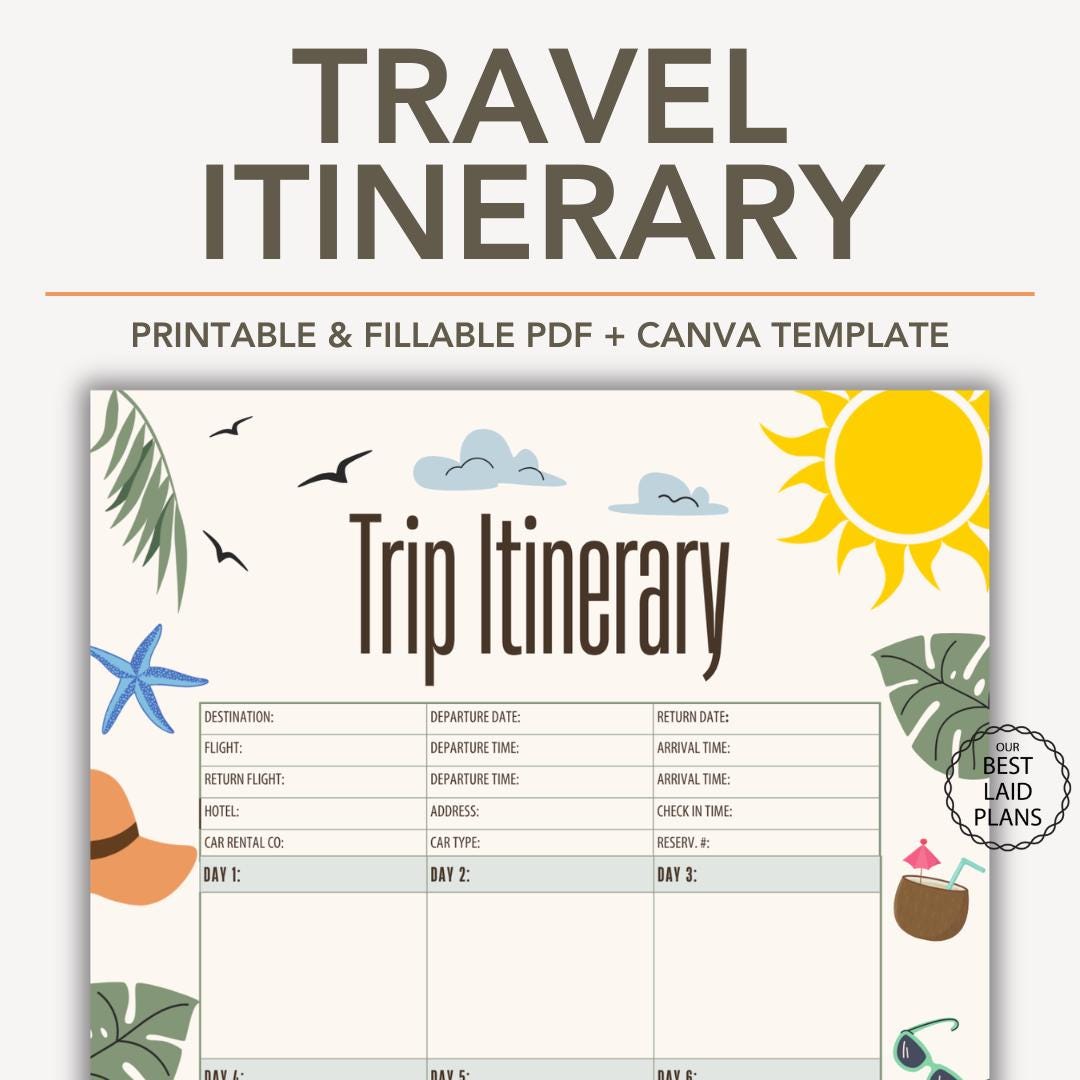 Travel Itinerary Printable PDF + Editable Canva Template, Trip ...