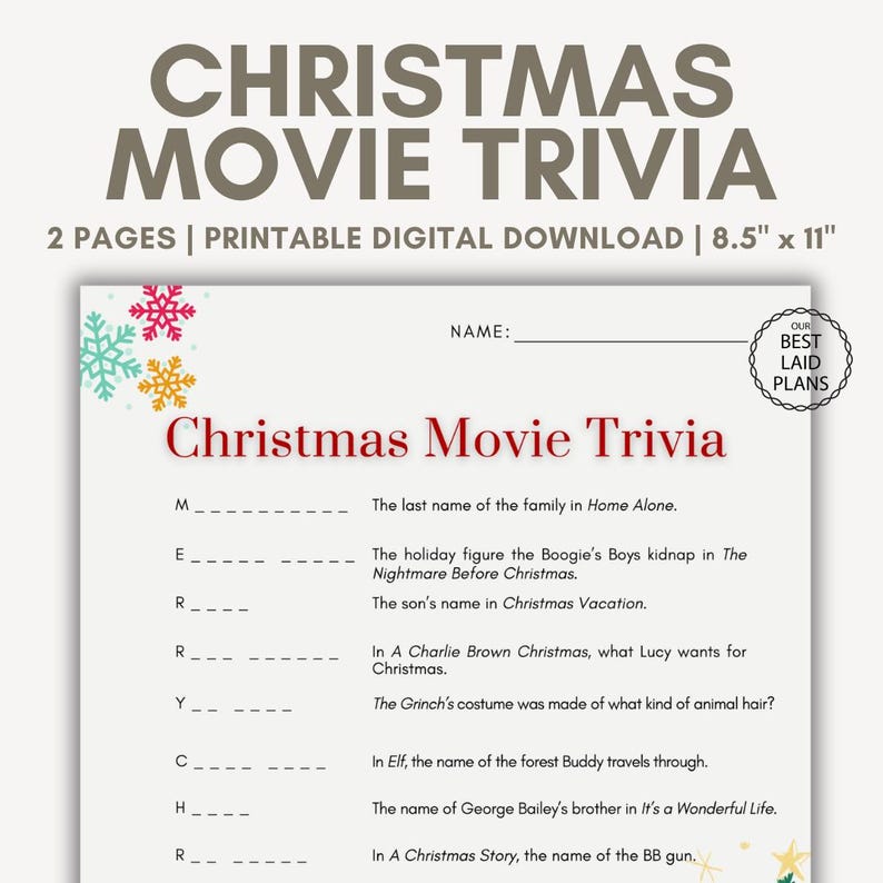 Christmas Movie Trivia Game Printable Christmas Movie Quiz Christmas ...