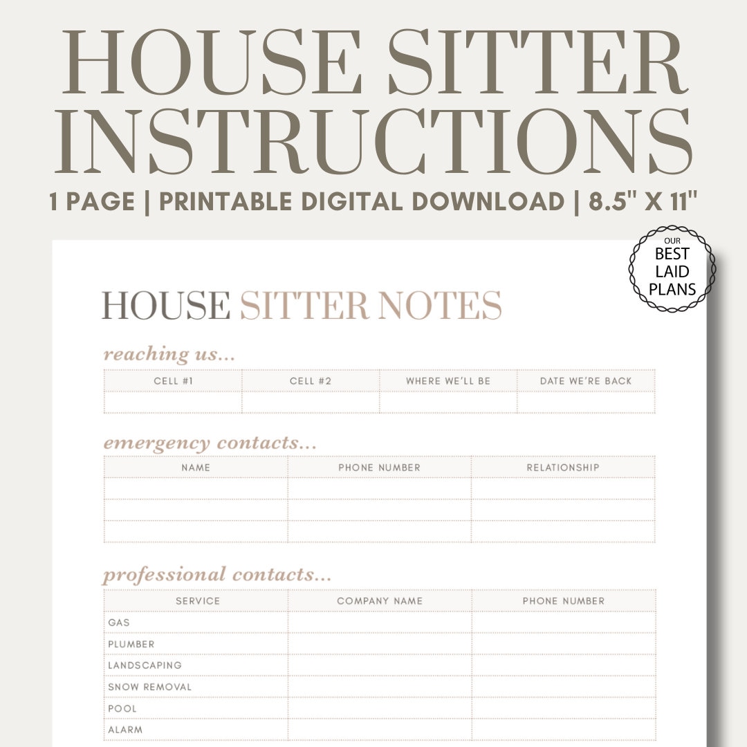 House Sitter Instructions, House Sitter Checklist Printable, House ...