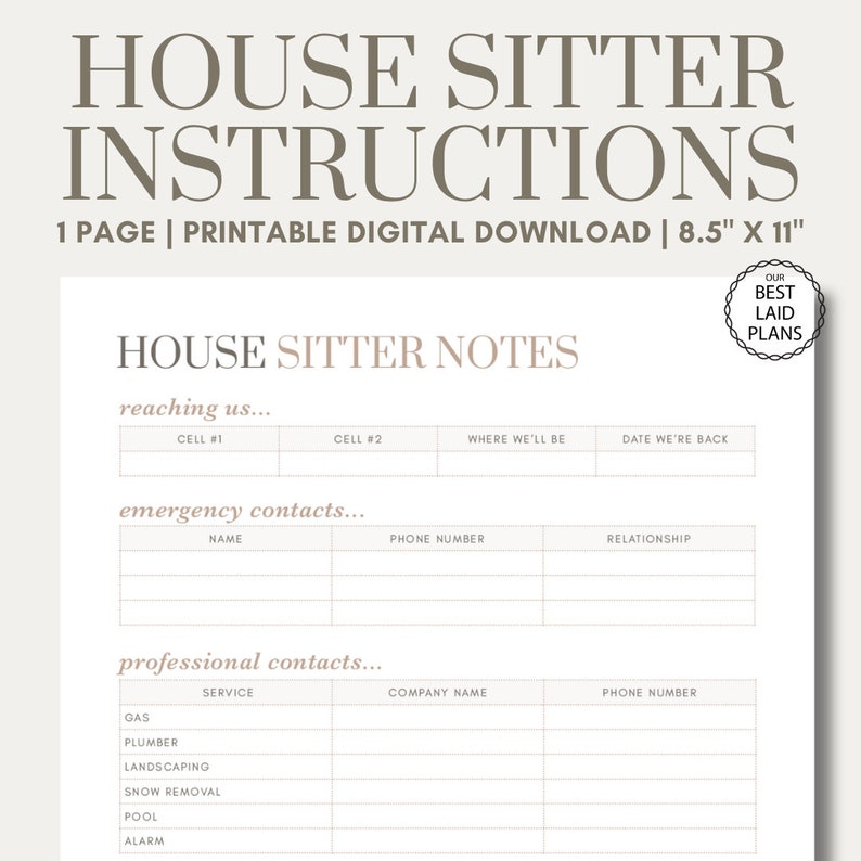House Sitter Instructions, House Sitter Checklist Printable, House ...