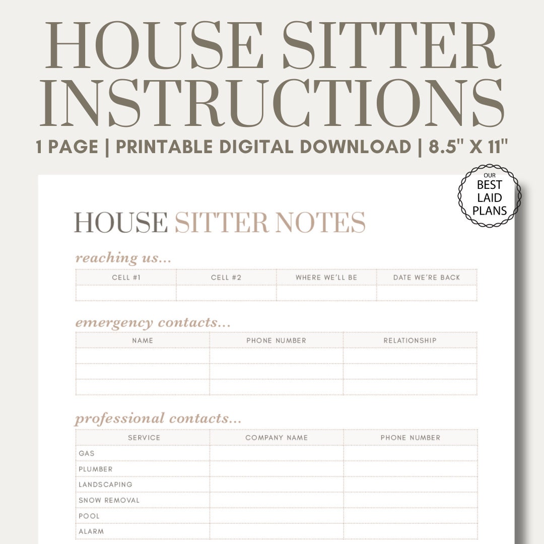 House Sitter Instructions, House Sitter Checklist Printable, House ...