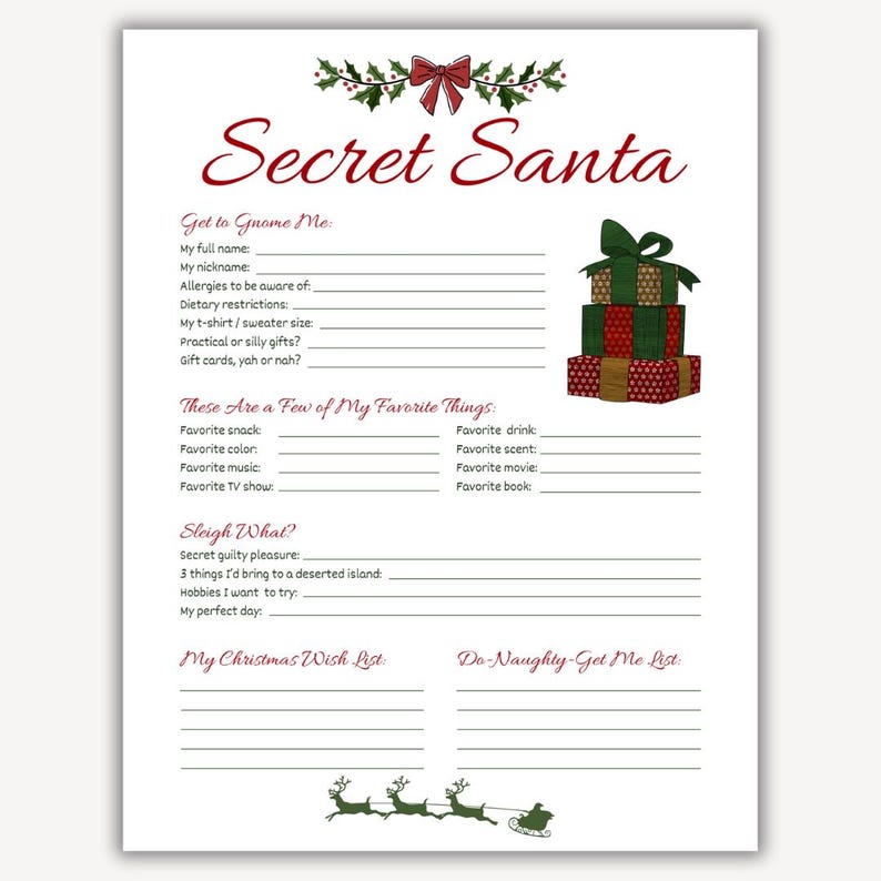 Secret Santa Questionnaire Template PNG, Mystery Santa Questions ...