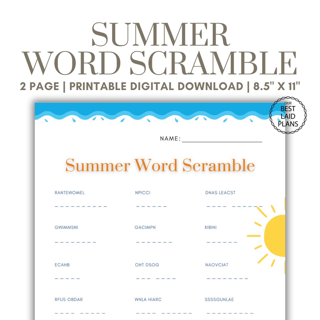 Summer Word Scramble Printable PDF Summer Theme Word Jumble Summertime ...