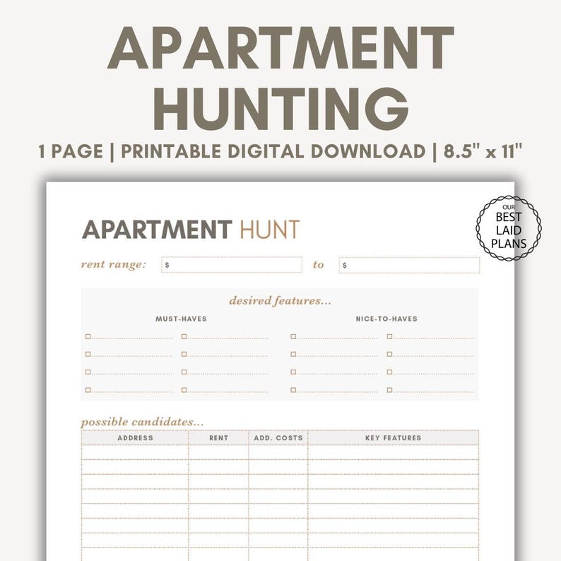 Apartment Hunt Planner Page Apartment Tracker Apt Hunting List Rental ...