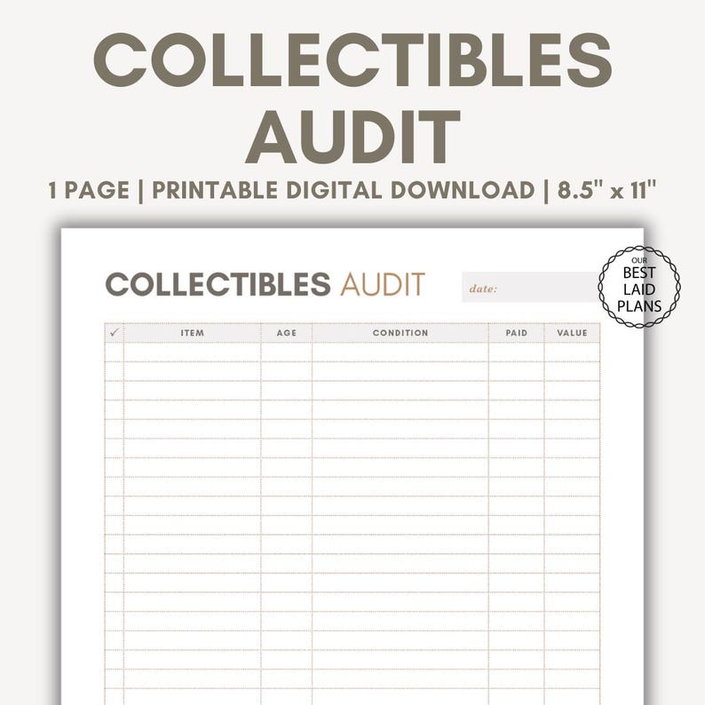 Collectibles Audit Printable PDF, Collectibles Tracker Digital Download ...