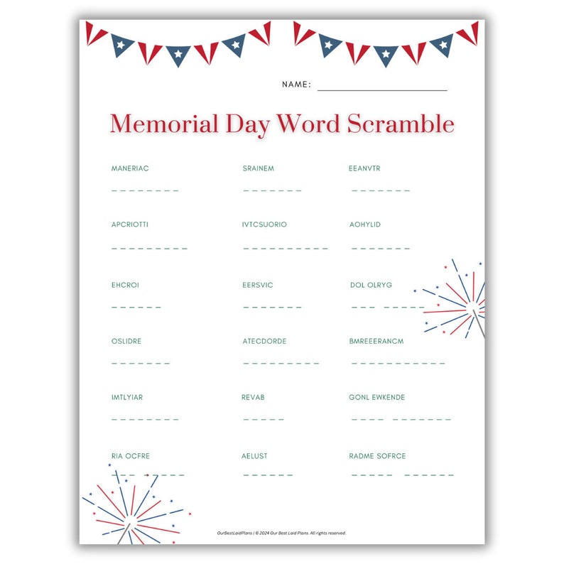 Memorial Day Word Scramble Printable PDF Word Unscramble Word Scramble ...