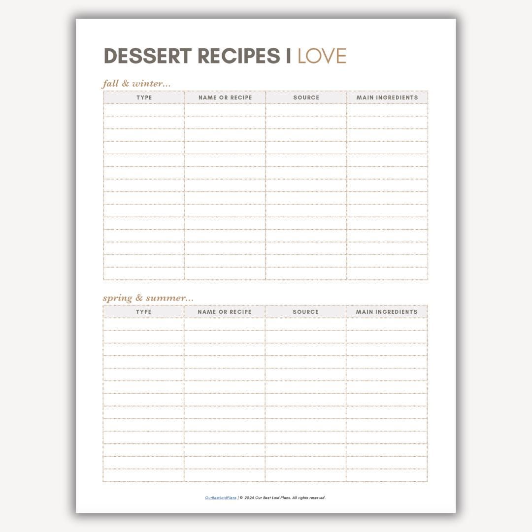 Favorite Recipes List Printable, Desserts I Love Recipes Tracker ...