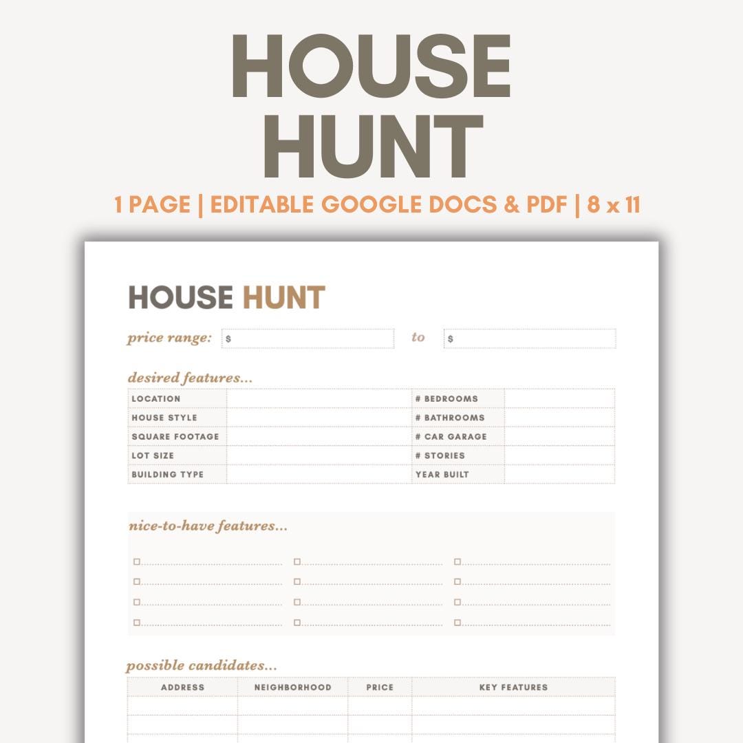 House Hunting Checklist Planner Printable PDF Editable Google Docs ...