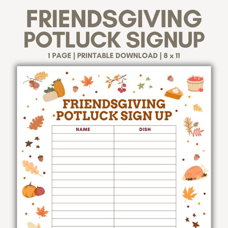 Friendsgiving Potluck Sign up Sheet Printable, Friendsgiving Potluck ...