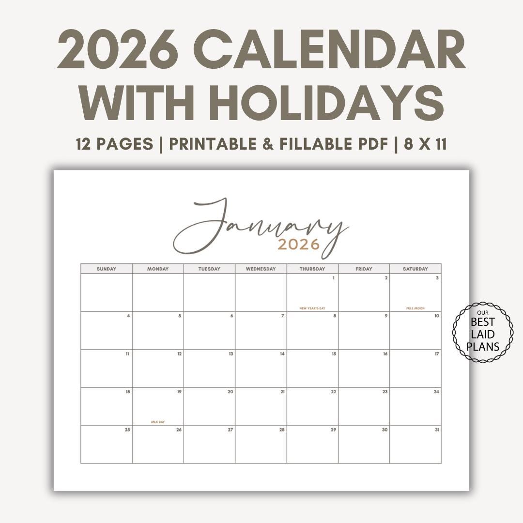 2026 Calendar With Holidays Printable and Fillable PDF 8.5x11 Landscape ...