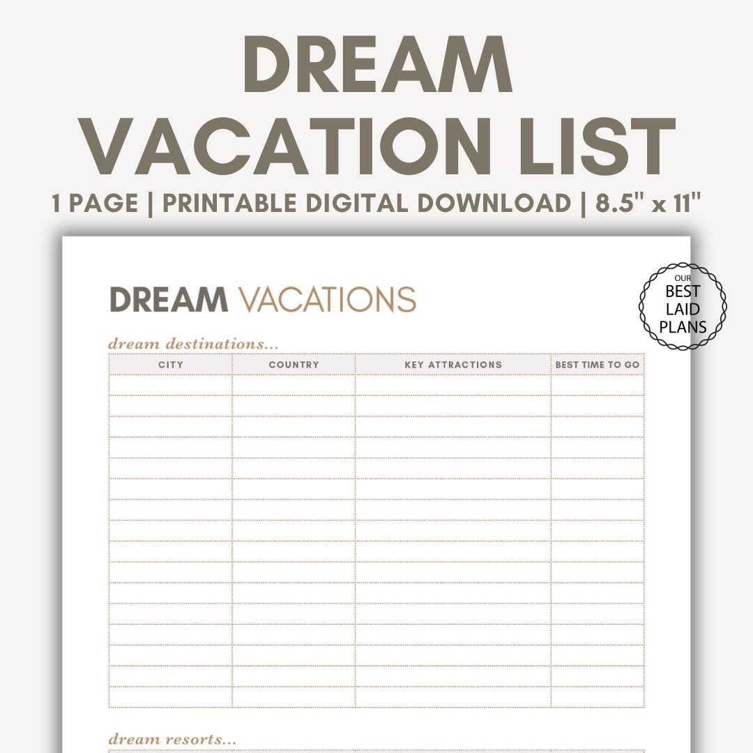 Dream Vacation Planner Printable Dream Trip Planner Vacation Digital ...