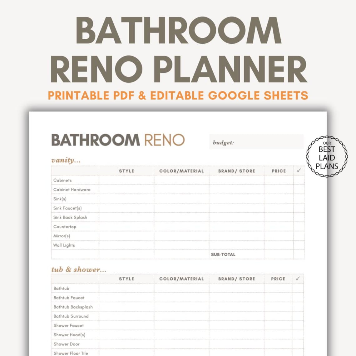 Bathroom Renovation Planner Printable PDF Google Sheets Editable ...