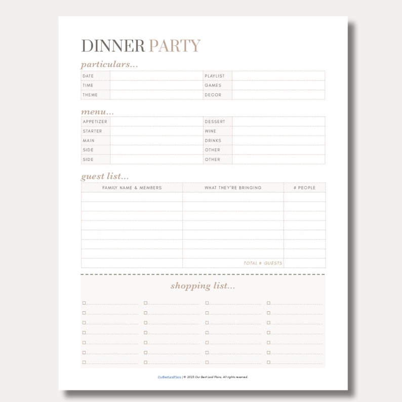 Dinner Party Planner Sheet Printable PDF, Digital Planner Page, Dinner ...