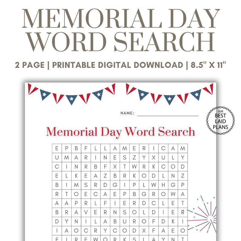Memorial Day Word Search Printable PDF Memorial Day Word Search PDF ...