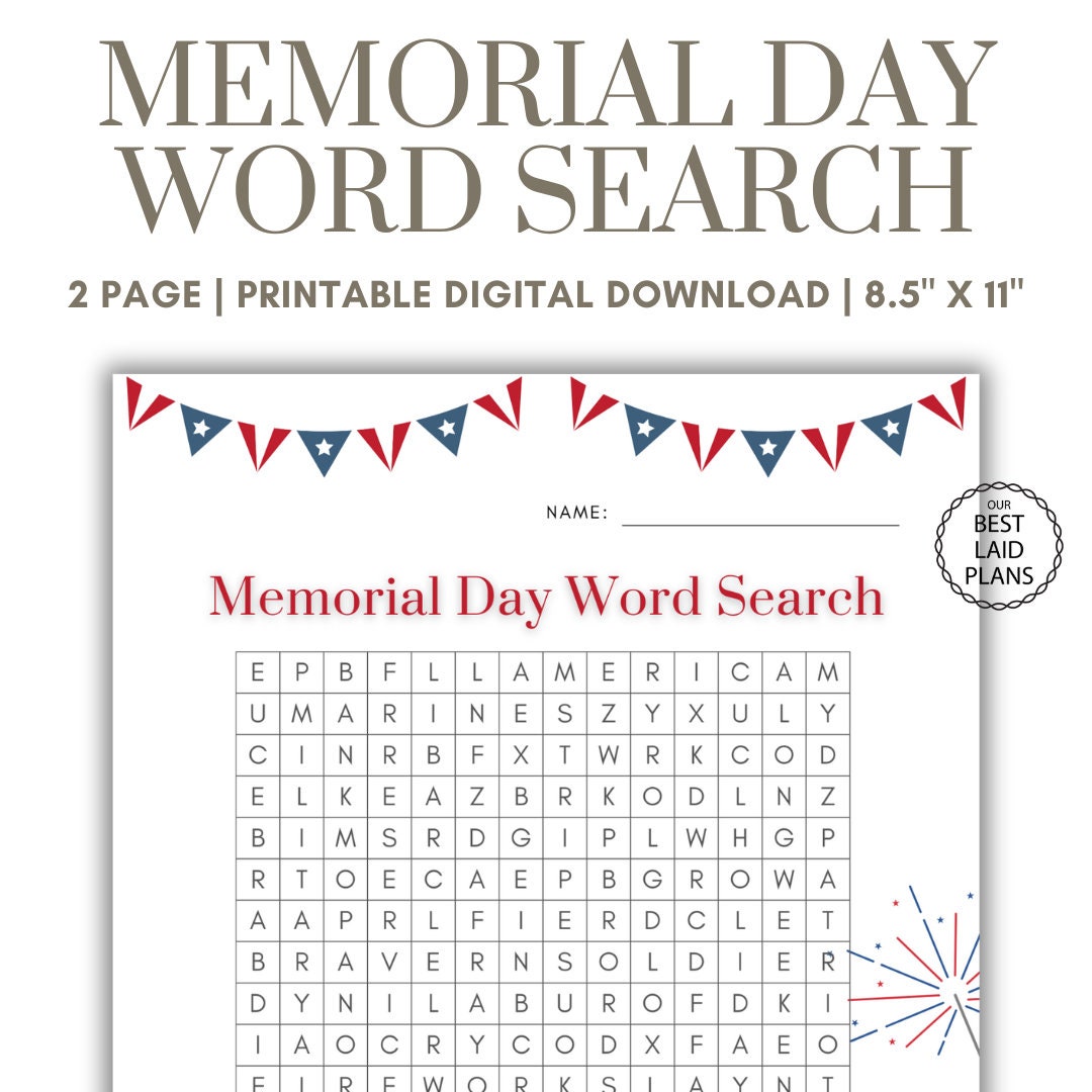 Memorial Day Word Search Printable PDF Memorial Day Word Search PDF ...