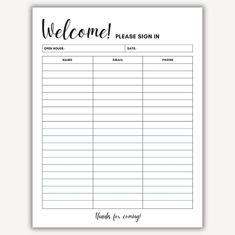 Open House Sign in Sheet Printable PDF Open House Sign in Sheet ...