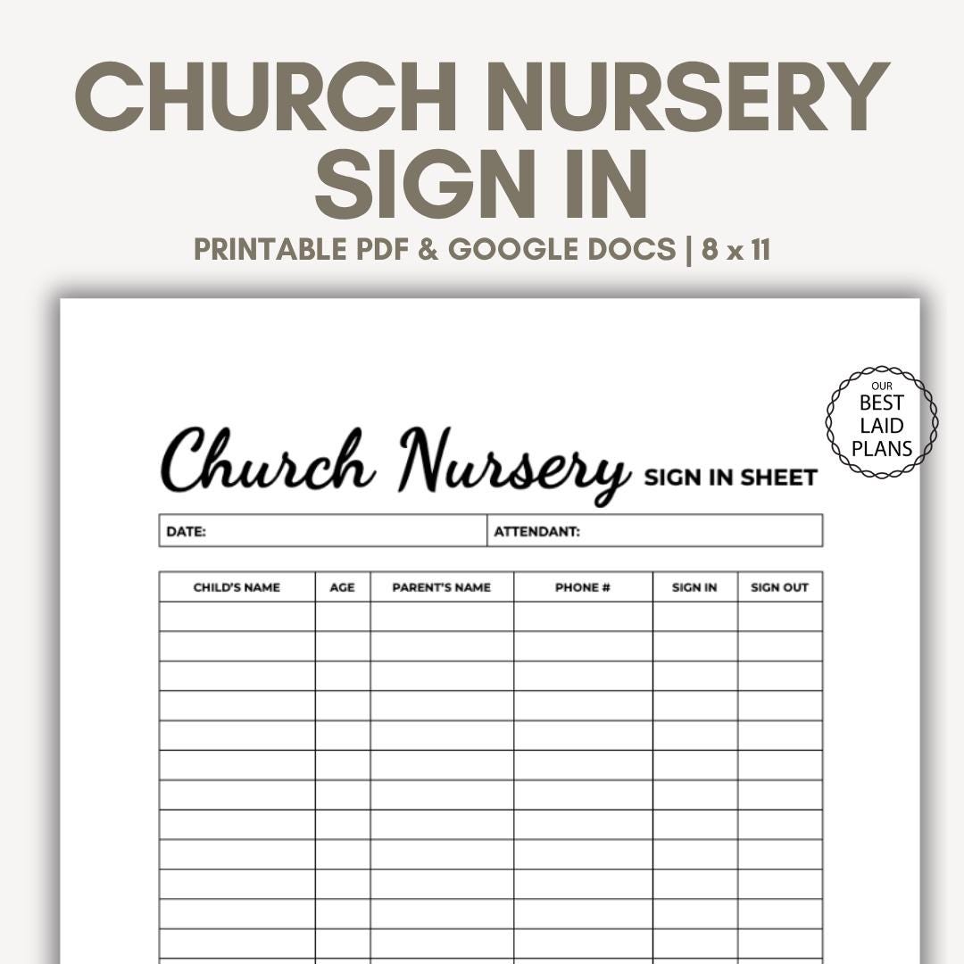 Church Nursery Sign in Sheet Google Docs and PDF, Editable Sign in ...