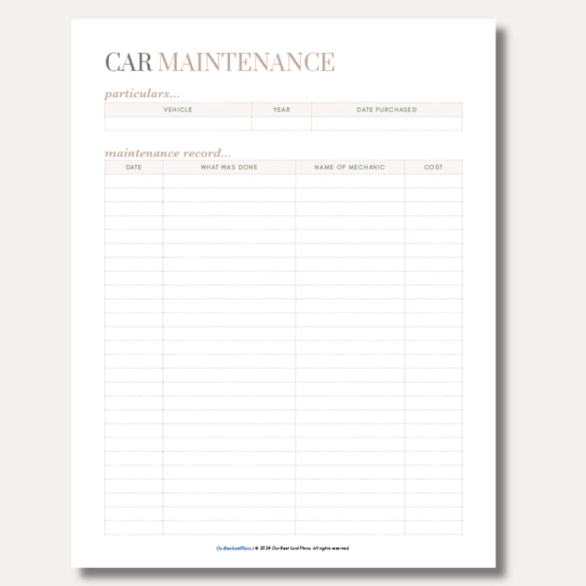 Car Maintenance Tracker Printable PDF, Car Maintenance Record Planner ...