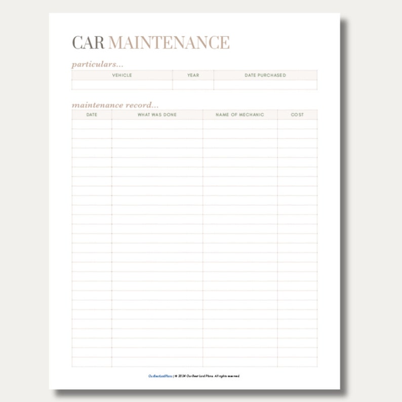 Car Maintenance Tracker Printable PDF, Car Maintenance Record Planner ...