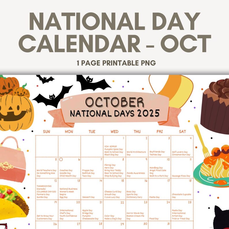 October National Days Calendar Printable, National October Days ...