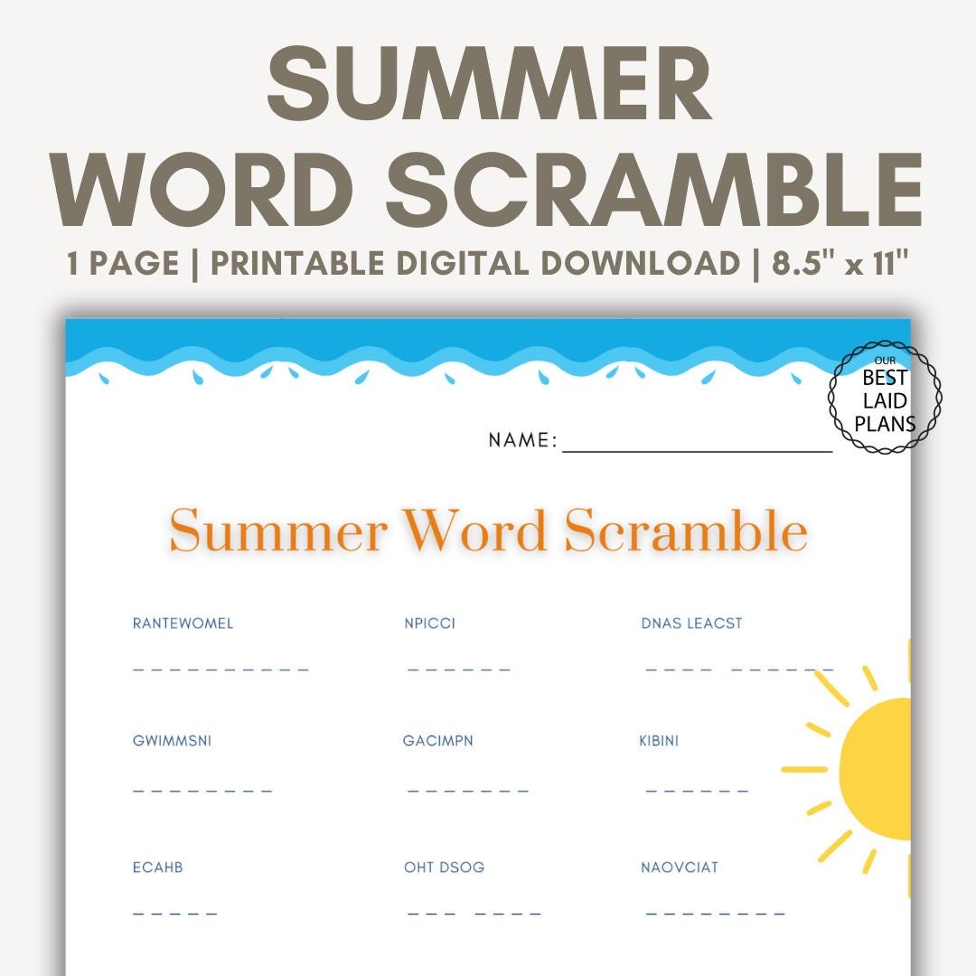 Summer Word Scramble Printable PDF Summer Theme Word Jumble Summertime ...