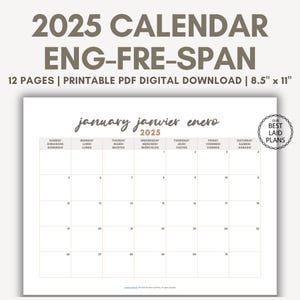 English French Spanish 2025 Calendar Printable PDF Trilingual Calendar ...