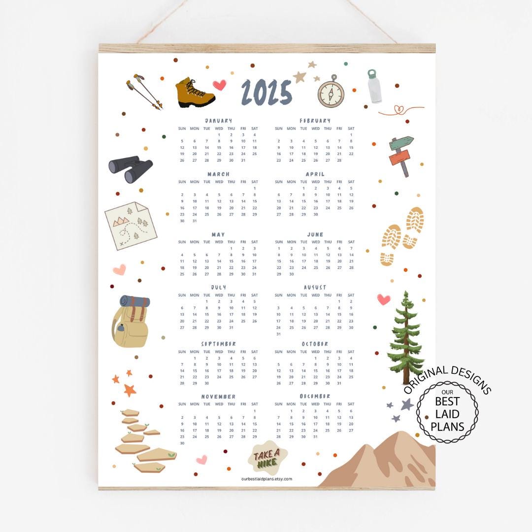 2025 at a Glance Calendar Printable PDF Cute 2025 Calendars Hiking ...