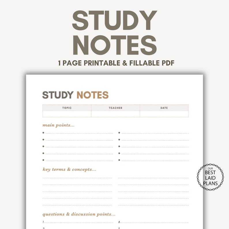 Study Notes Printable Note Taking Template PDF Digital Download Study ...