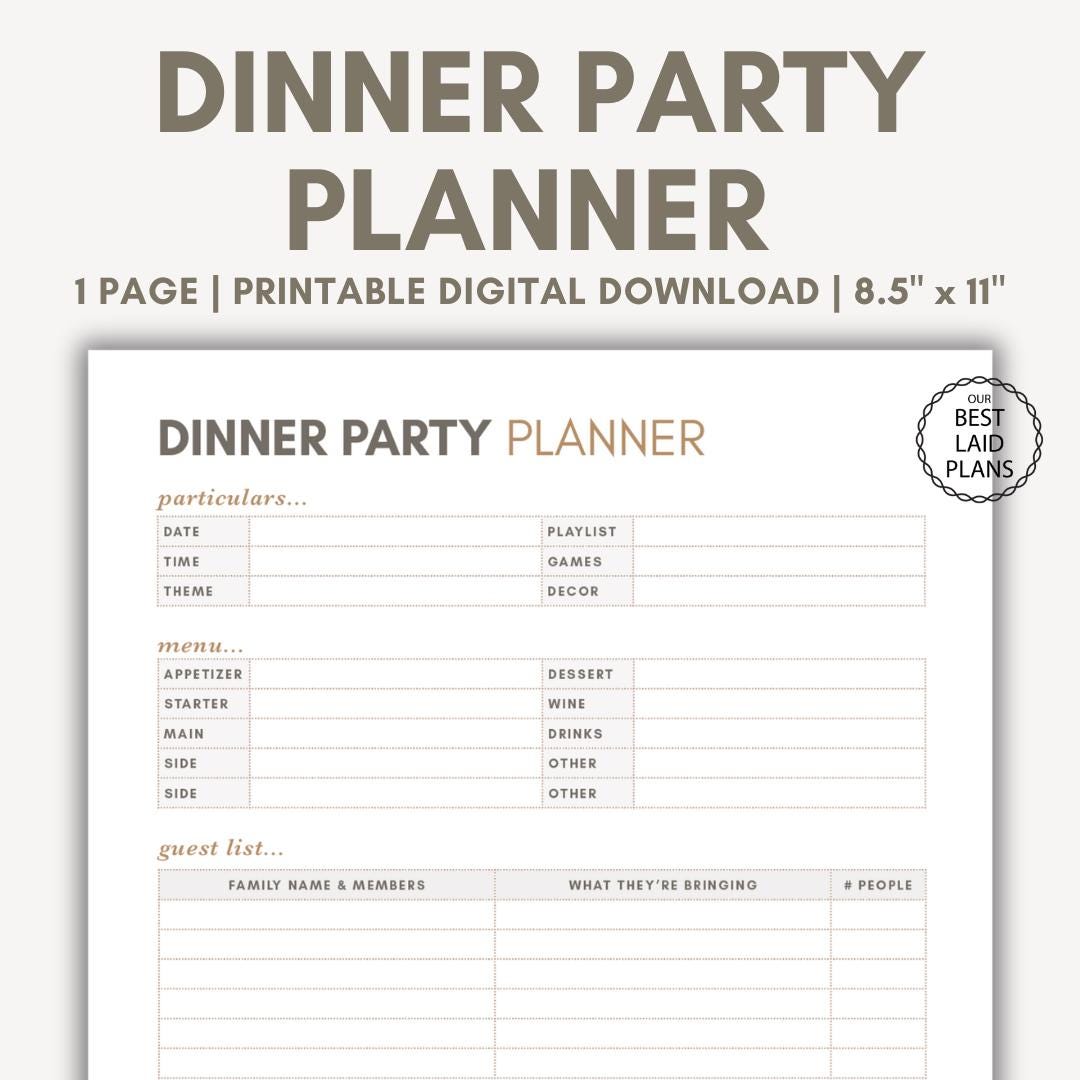 Dinner Party Planner Sheet Printable PDF Dinner Party Menu Planning ...