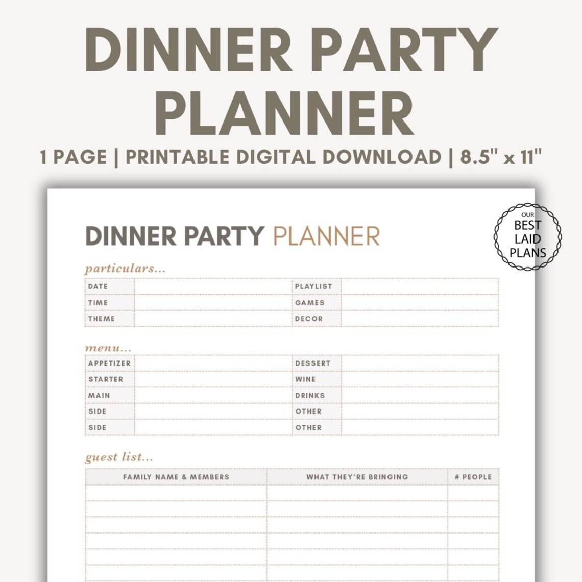 Dinner Party Planner Sheet Printable PDF Dinner Party Menu Planning ...