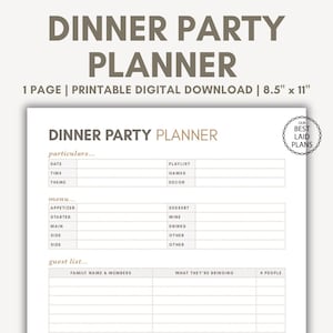 Dinner Party Planner Sheet Printable PDF Dinner Party Menu Planning ...