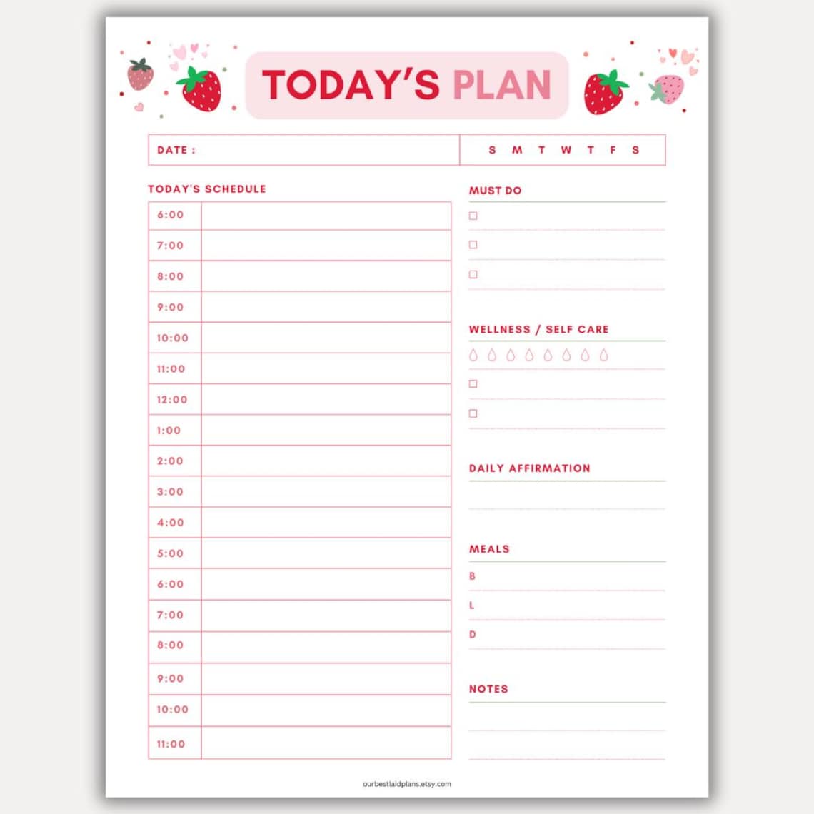 Strawberry Theme Daily Planner Printable, Cute Daily Agenda Strawberry ...