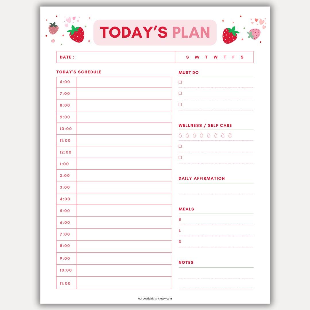 Strawberry Theme Daily Planner Printable, Cute Daily Agenda Strawberry ...