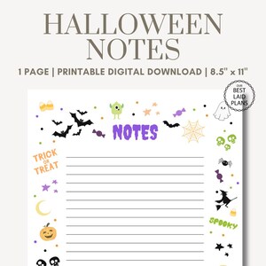 Halloween Notes Page Printable PDF Halloween Notes Digital Download ...