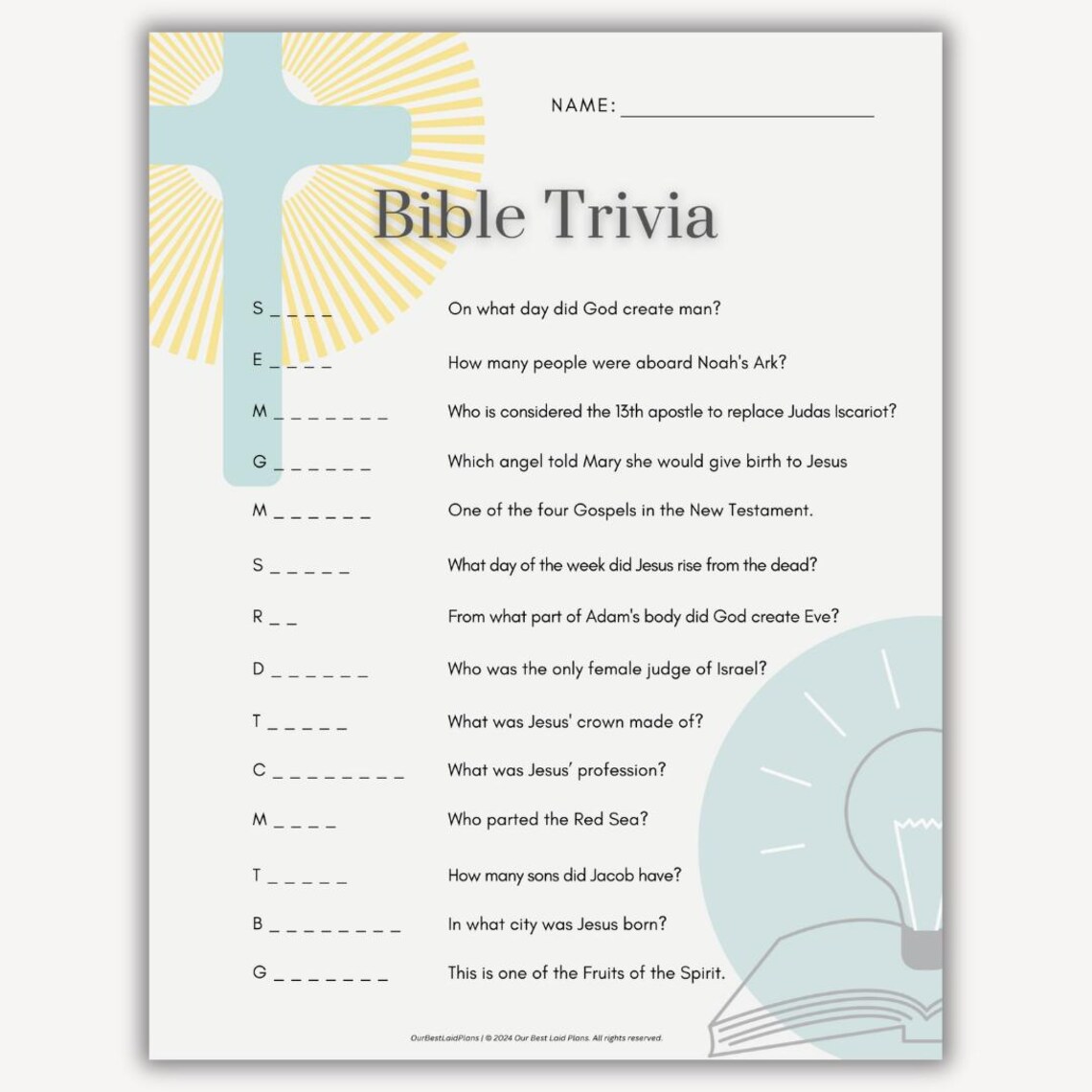 Bible Quiz Bible Trivia Questions With Answers Printable PDF Digital ...
