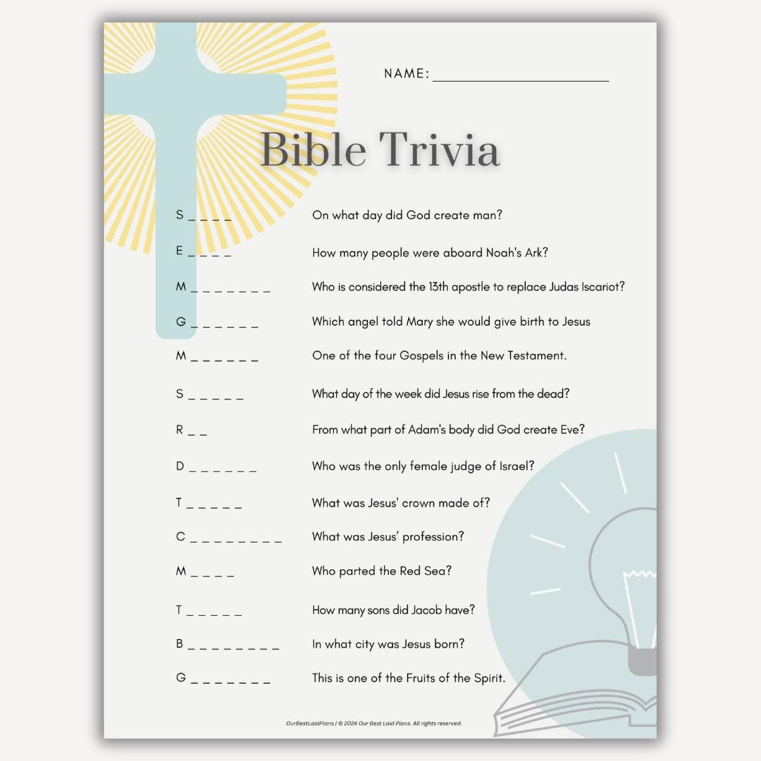 Bible Quiz Bible Trivia Questions With Answers Printable PDF Digital ...