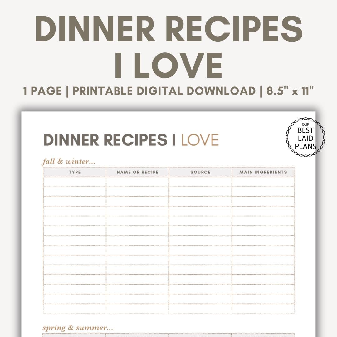 Favorite Recipes List Printable, Dinner Recipes I Love Planner, Recipe ...