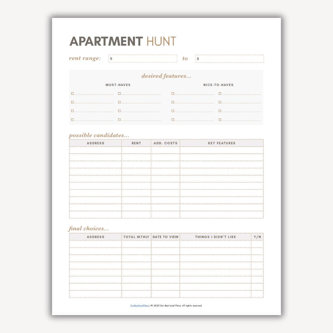 Apartment Hunt Planner Page Apartment Tracker Apt Hunting List Rental ...