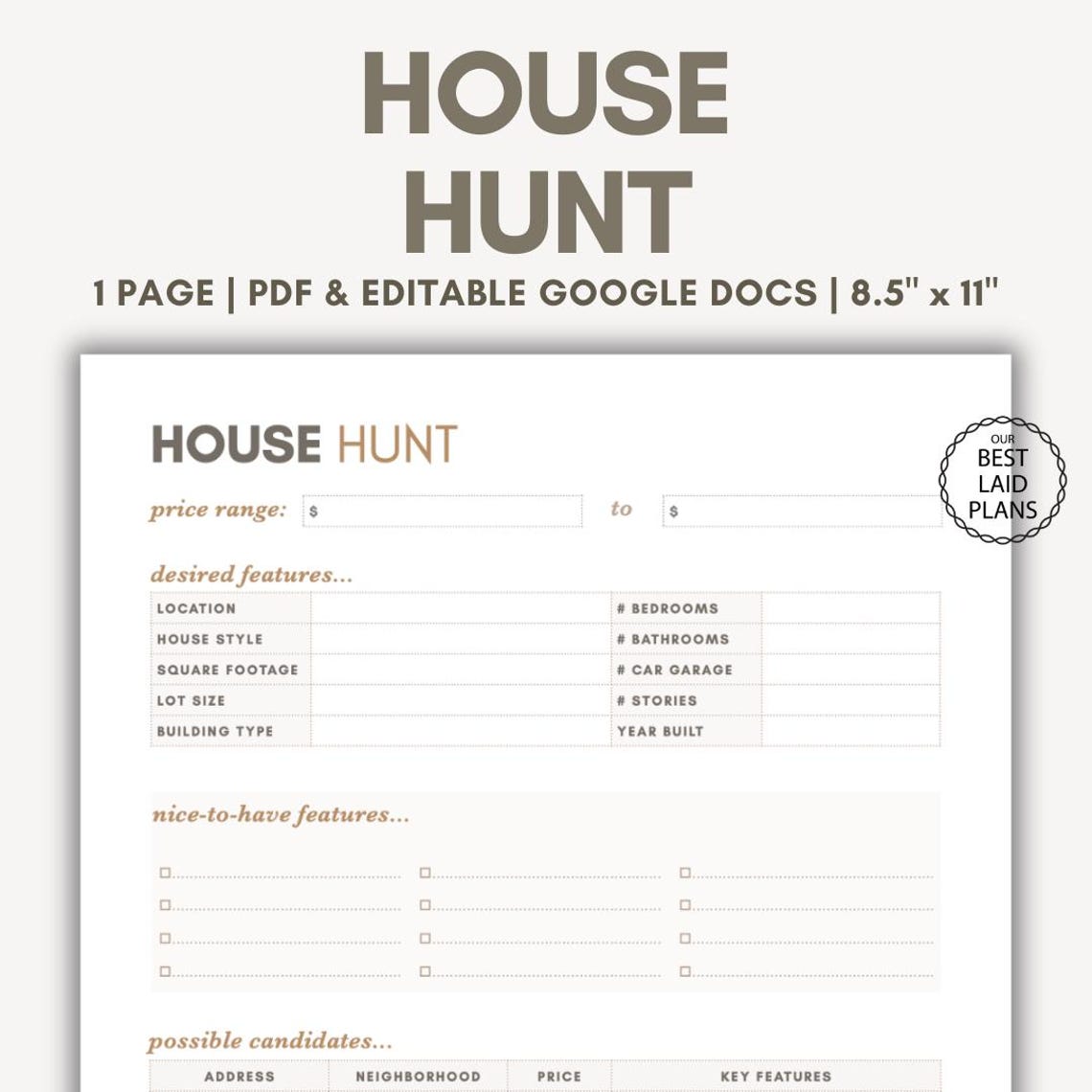 House Hunting Checklist Planner Printable PDF Editable Google Docs ...
