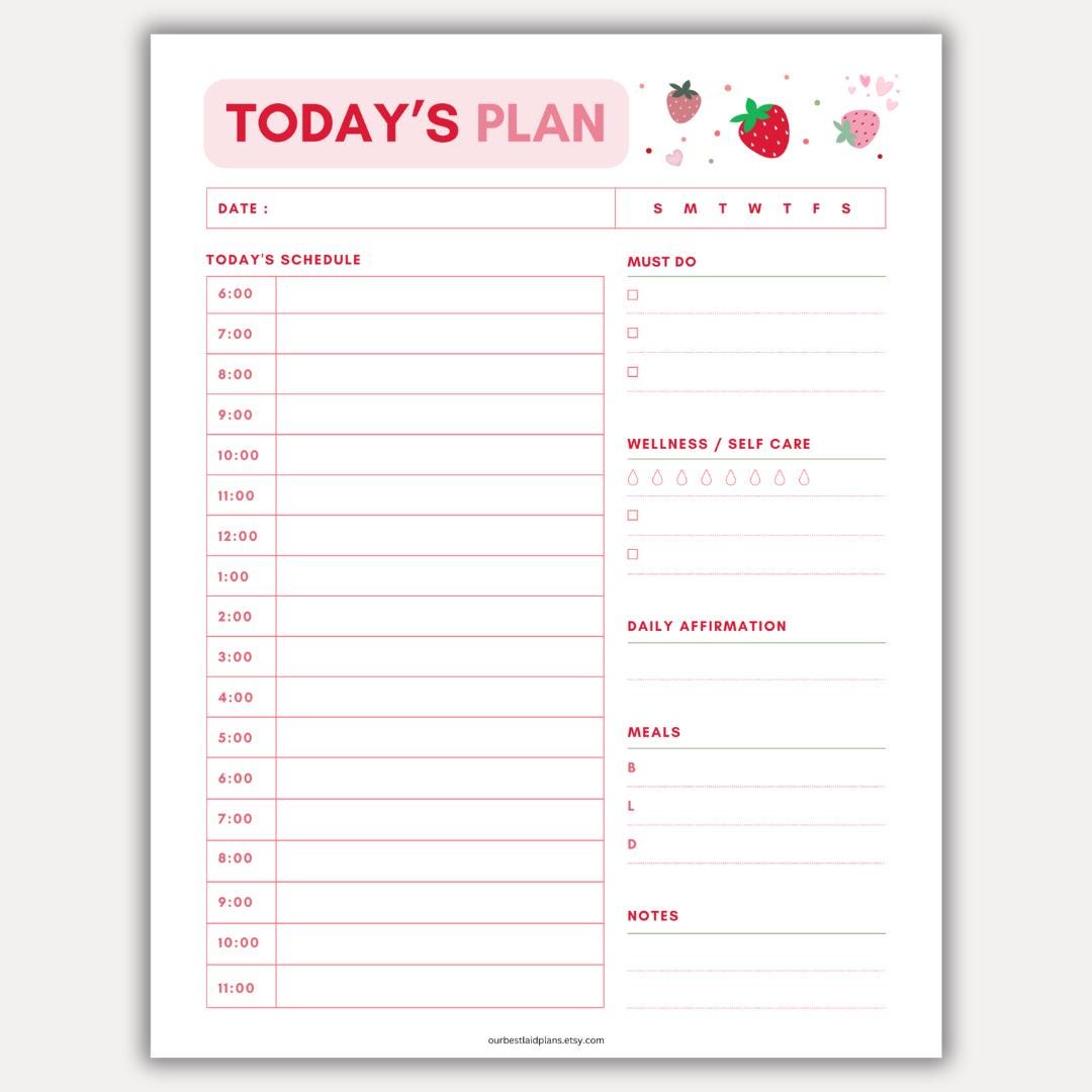 Strawberry Aesthetic Daily Planner Printable PDF, Cute Planners for ...