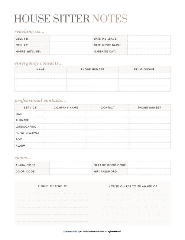 House Sitter Instructions House Sitter Checklist Printable Template ...