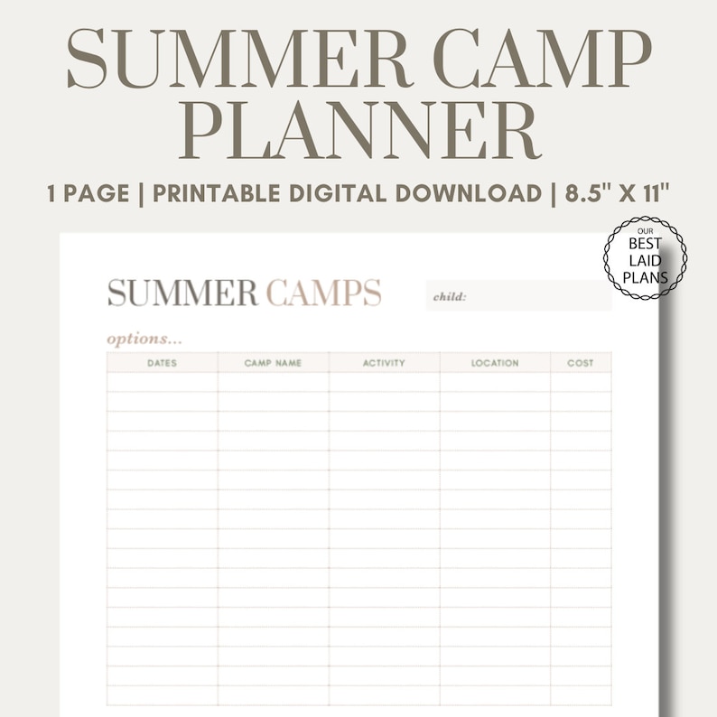 Summer Camp Planner Printable Pdf Summer Camp Summer Planning Ideas