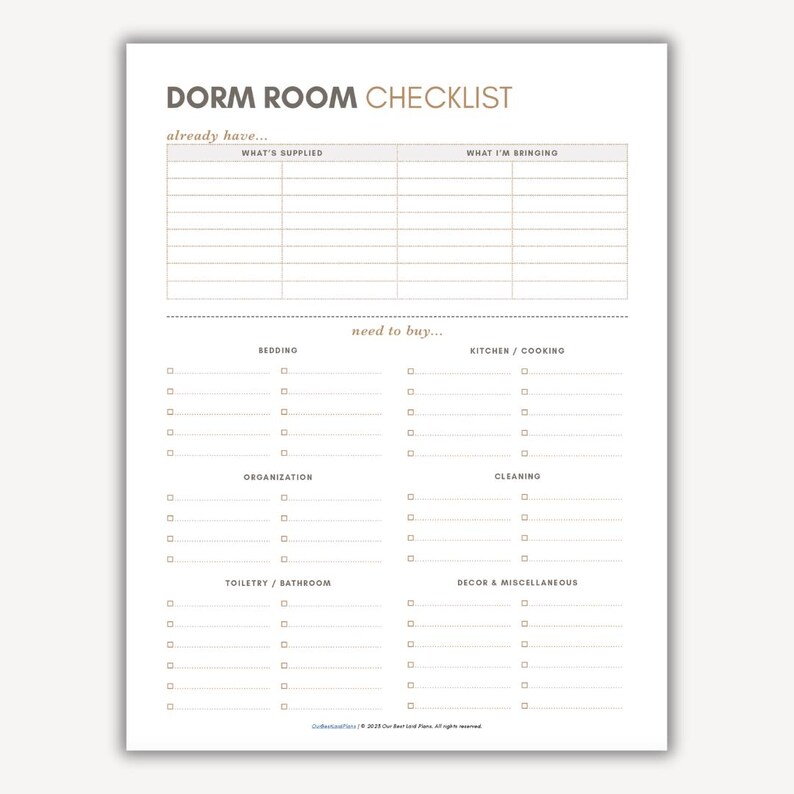 Dorm Room Checklist PDF, Dorm Room Checklist Planner, Dorm Room ...