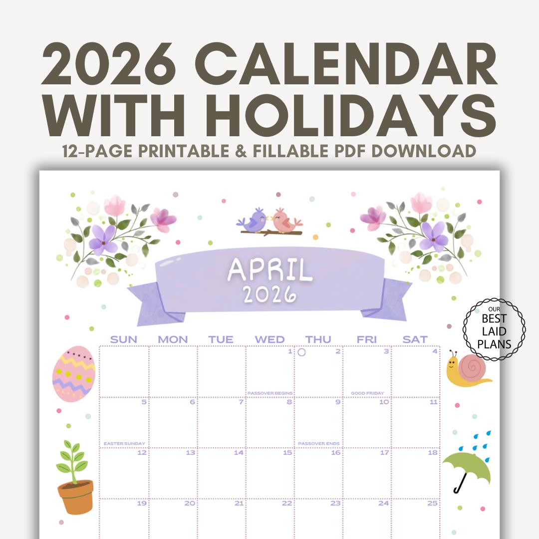 April 2026 Calendar Printable (includes All 12 Months), Calendar for ...