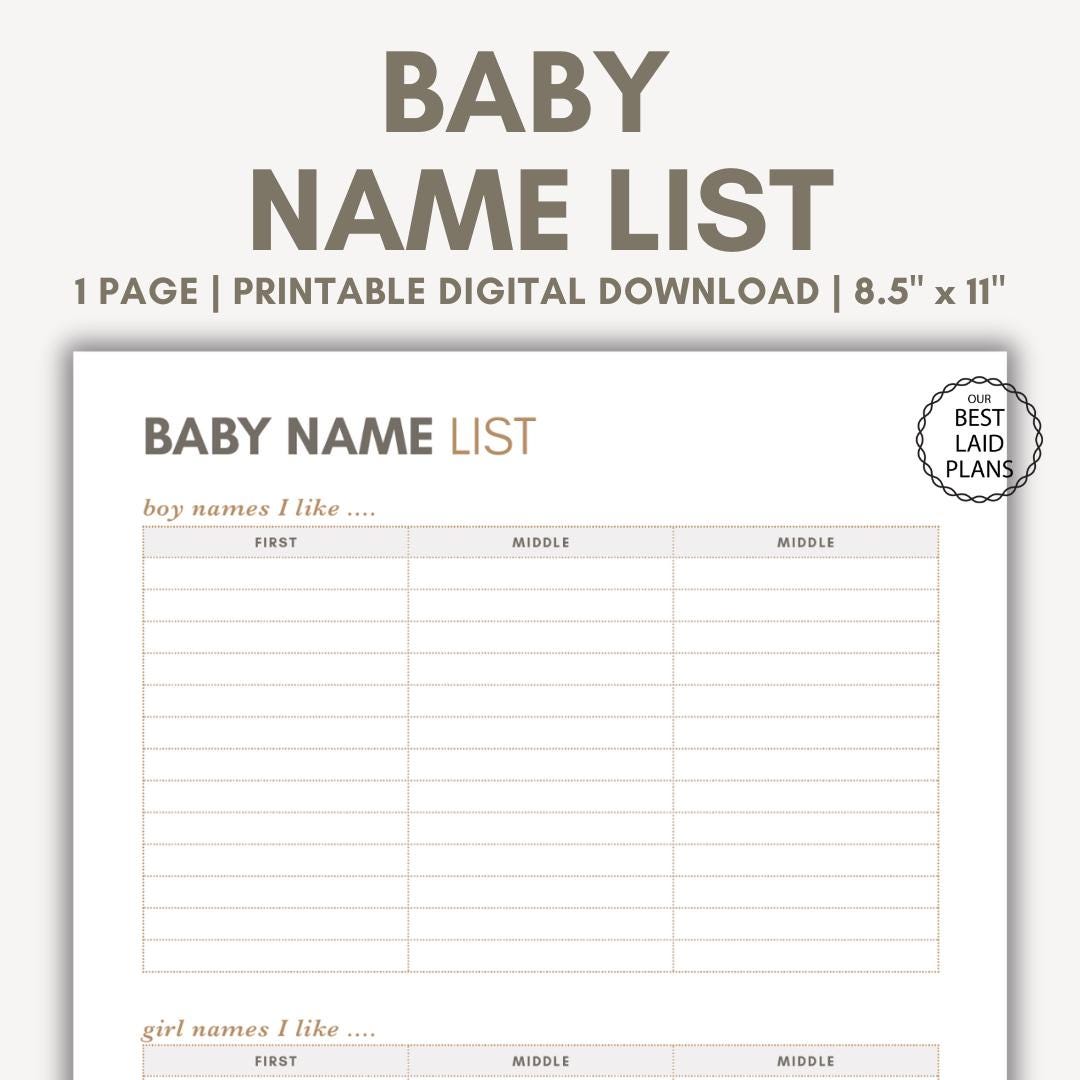 Baby Name Tracker, Baby Name List Printable Planner Page PDF Baby One ...