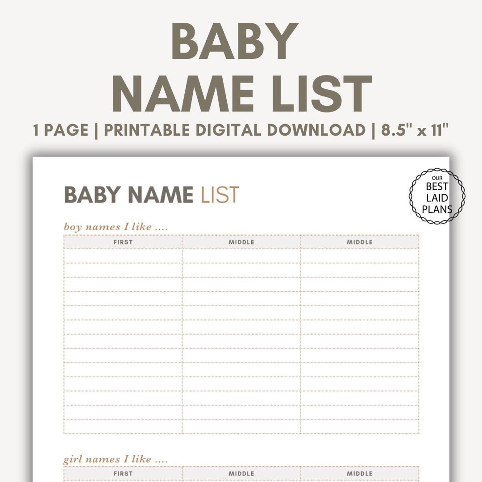 Baby Name Tracker, Baby Name List Printable Planner Page PDF Baby One ...