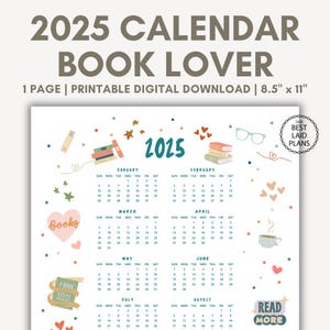 2025 at a Glance Calendar Printable Cute 2025 Calendars Book Lover ...