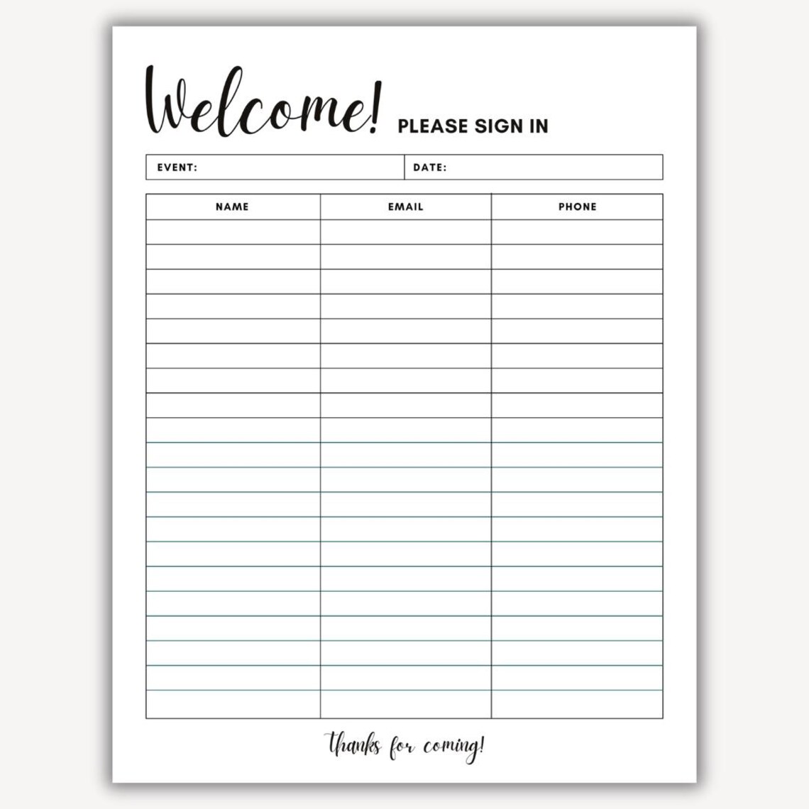 Sign in Sheet Printable PDF, Open House Sign in Sheet Template, Meeting ...